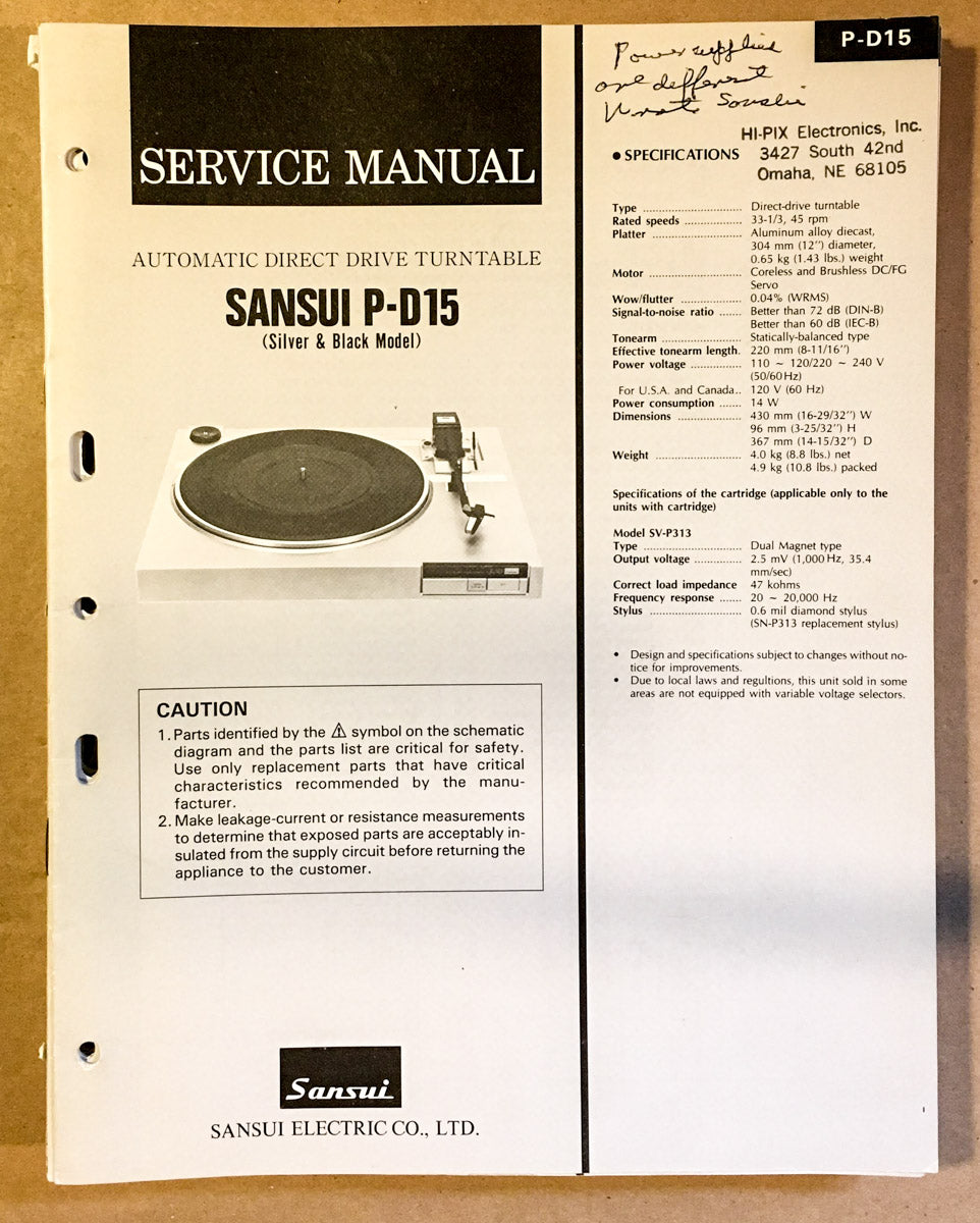 Sansui P-D15 Record Player / Turntable Service Manual *Original ...