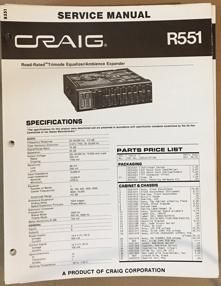 Craig Model R551 Car Equalizer Service Manual *Original* – Vintage ...
