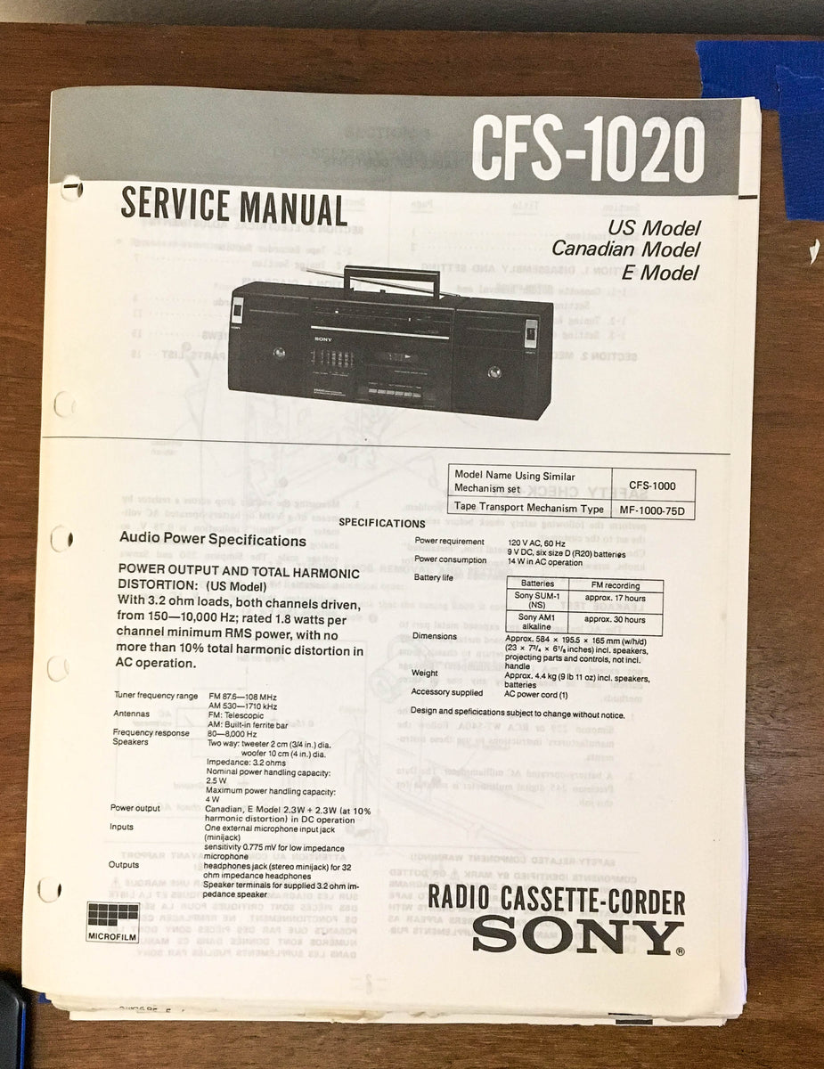Sony CFS-1020 Radio Cassette Recorder / Boombox Service Manual *Origin ...
