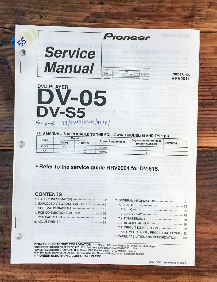 Pioneer DV-05 DV-S5 DVD Player Service Manual *Original* – Vintage ...