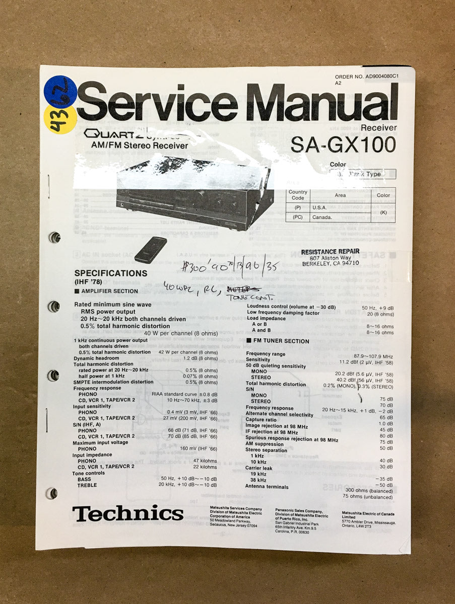 Technics SA-GX100 Receiver Service Manual *Original* – Vintage Audio ...