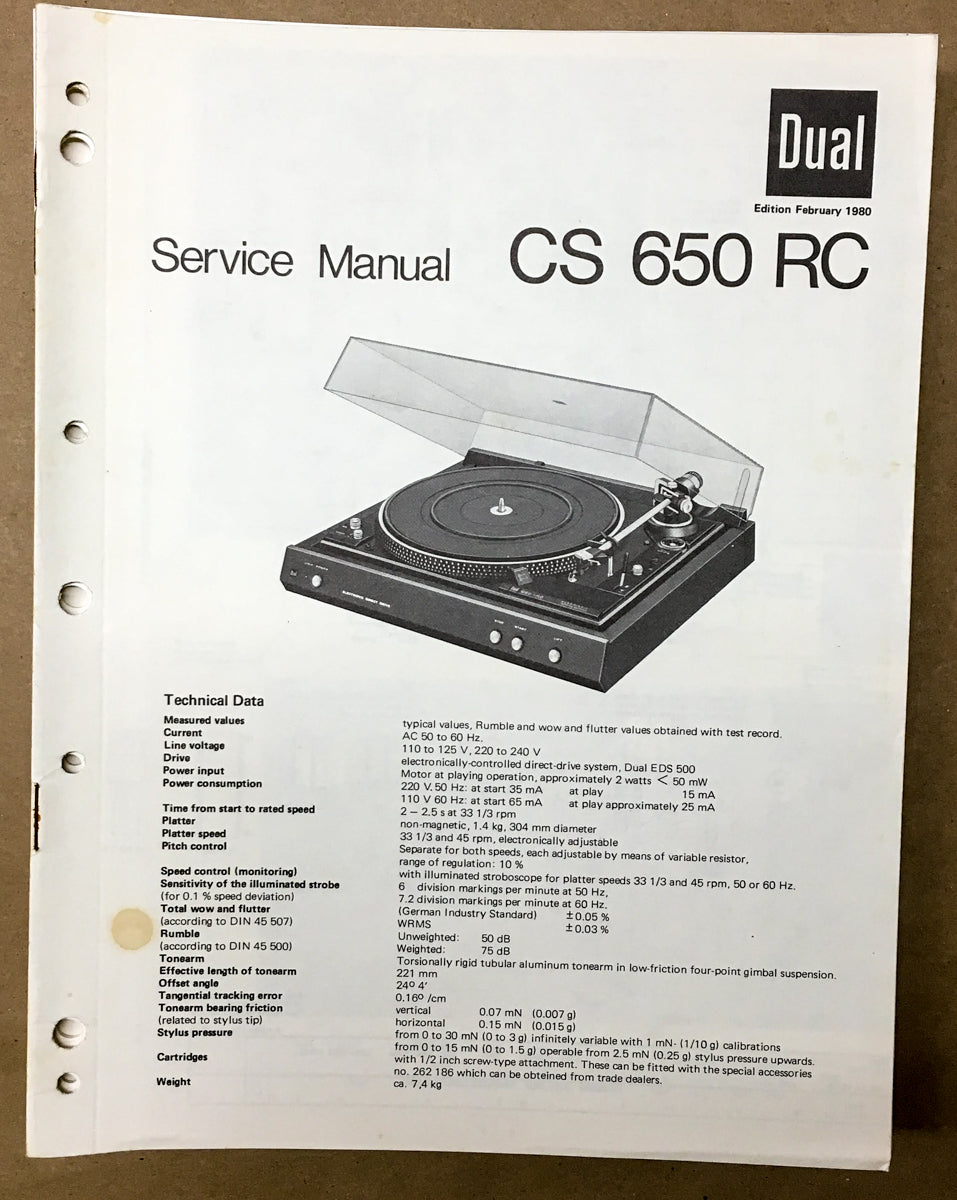 Dual Model CS 650 RC Turntable / Record Player Service Manual *Origina ...