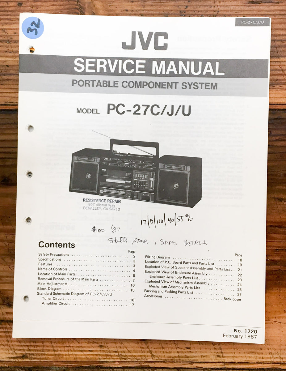 JVC PC-27C Stereo Service Manual *Original* – Vintage Audio Store ...