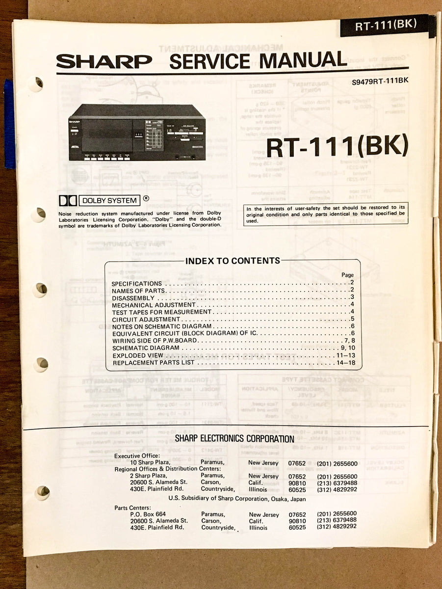 Sharp RT-111 Cassette Deck Service Manual *Original* – Vintage Audio ...