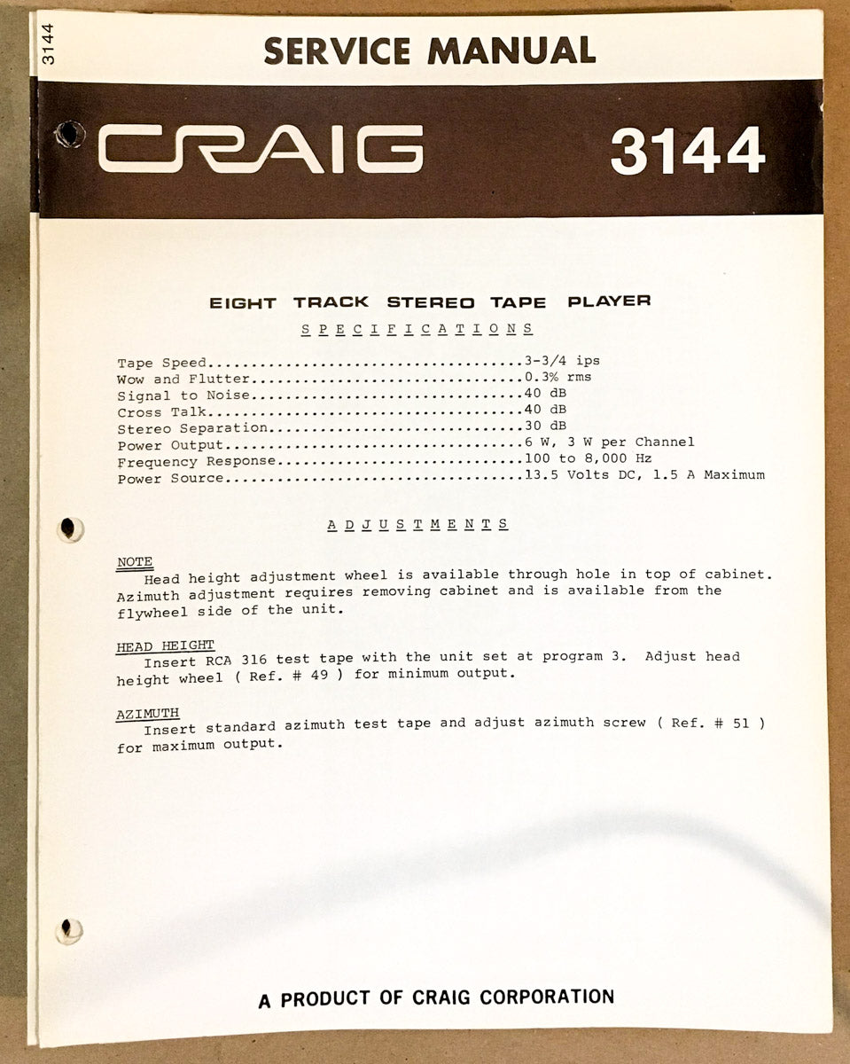 Craig Model 3144 8 Track Stereo Service Manual *Original* – Vintage ...