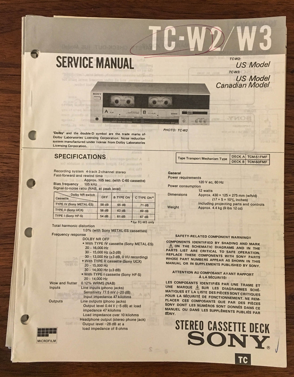 Sony TC-W2 TC-W3 CASSETTE Service Manual *Original* – Vintage Audio ...