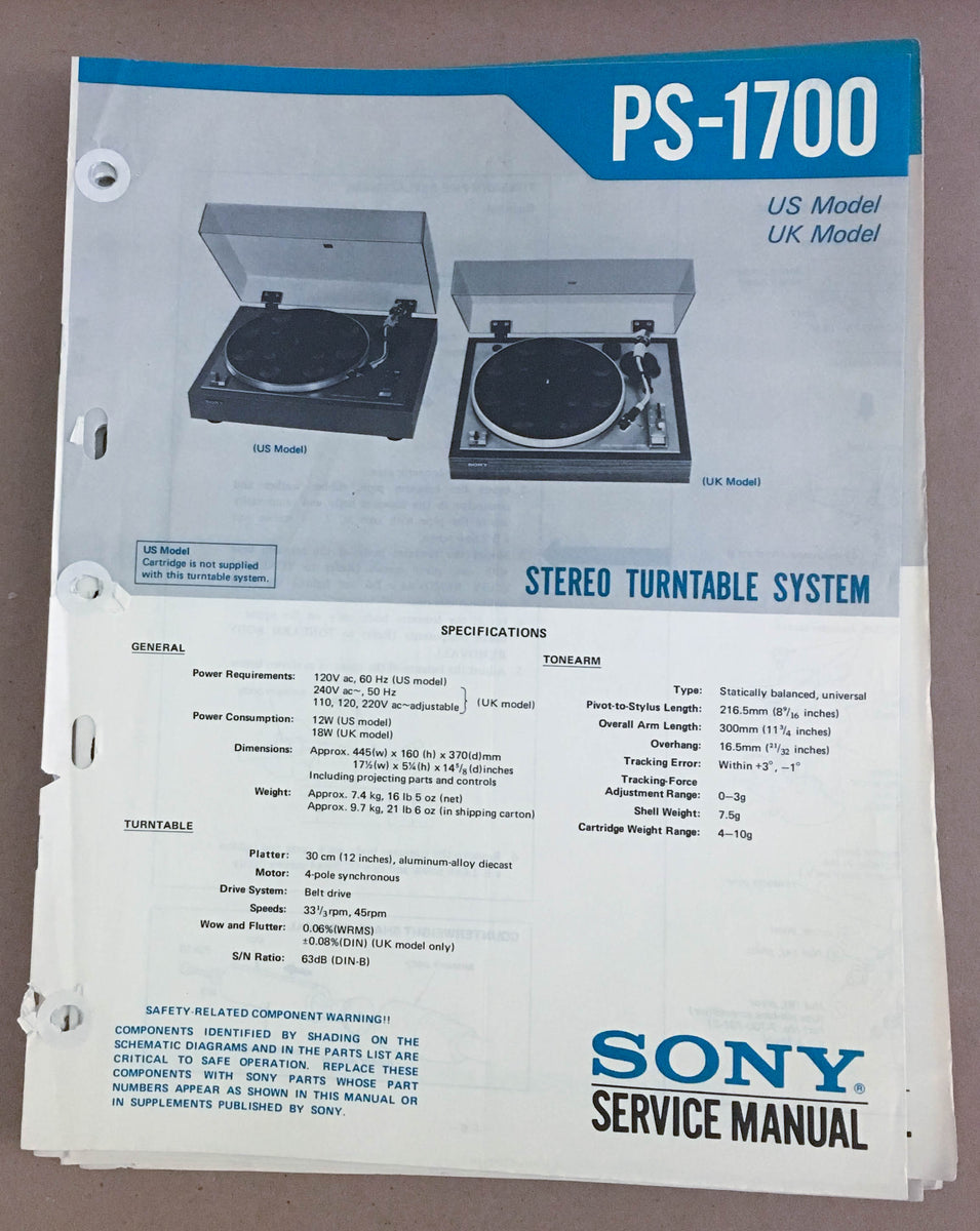 Sony PS-1700 Turntable Record Player Service Manual Supplement *Origin ...
