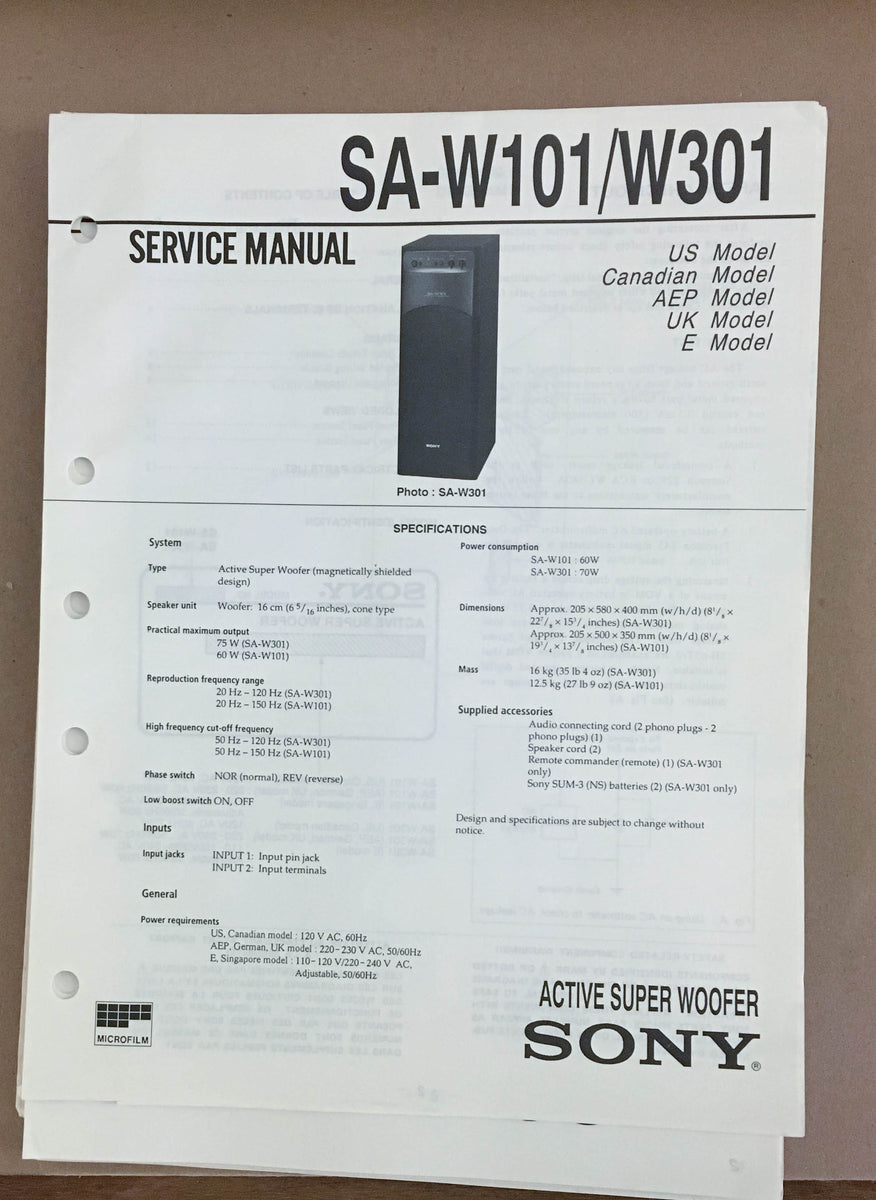 Sony SA-W101 W301 Super Woofer Service Manual Supplement *Original ...