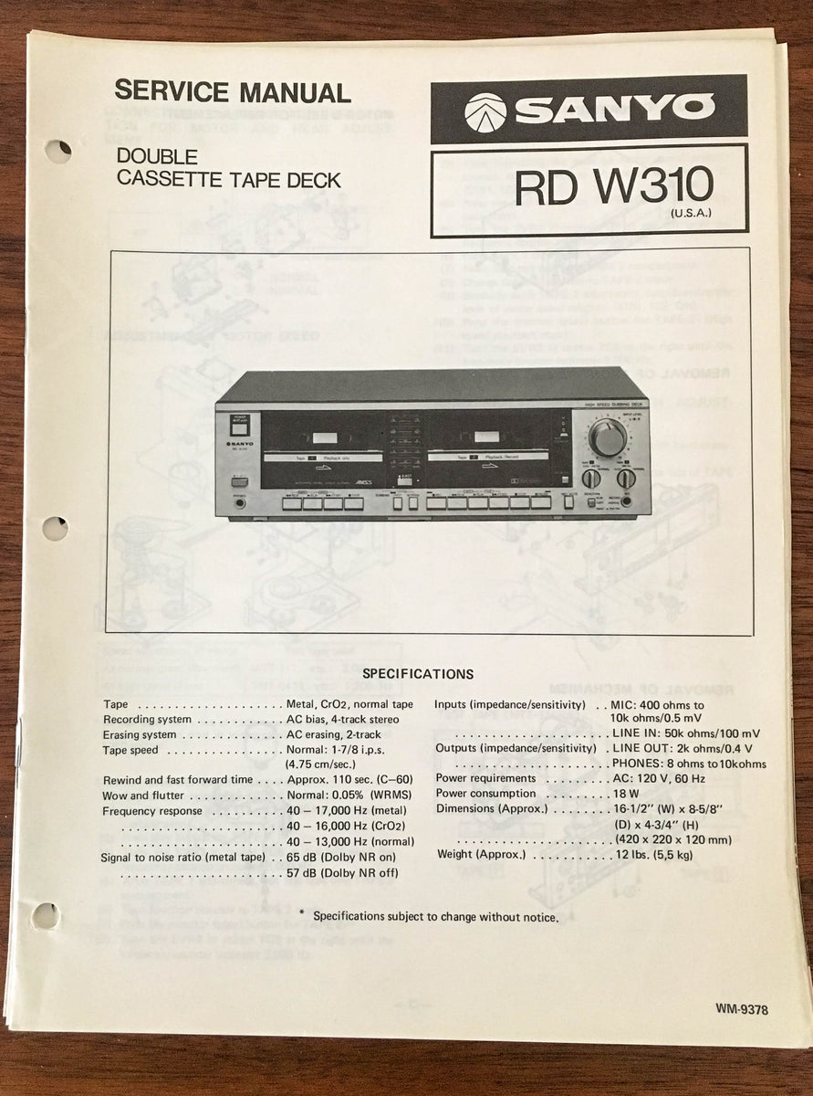 Sanyo RD W310 Cassette Deck Service Manual *Original* – Vintage Audio ...