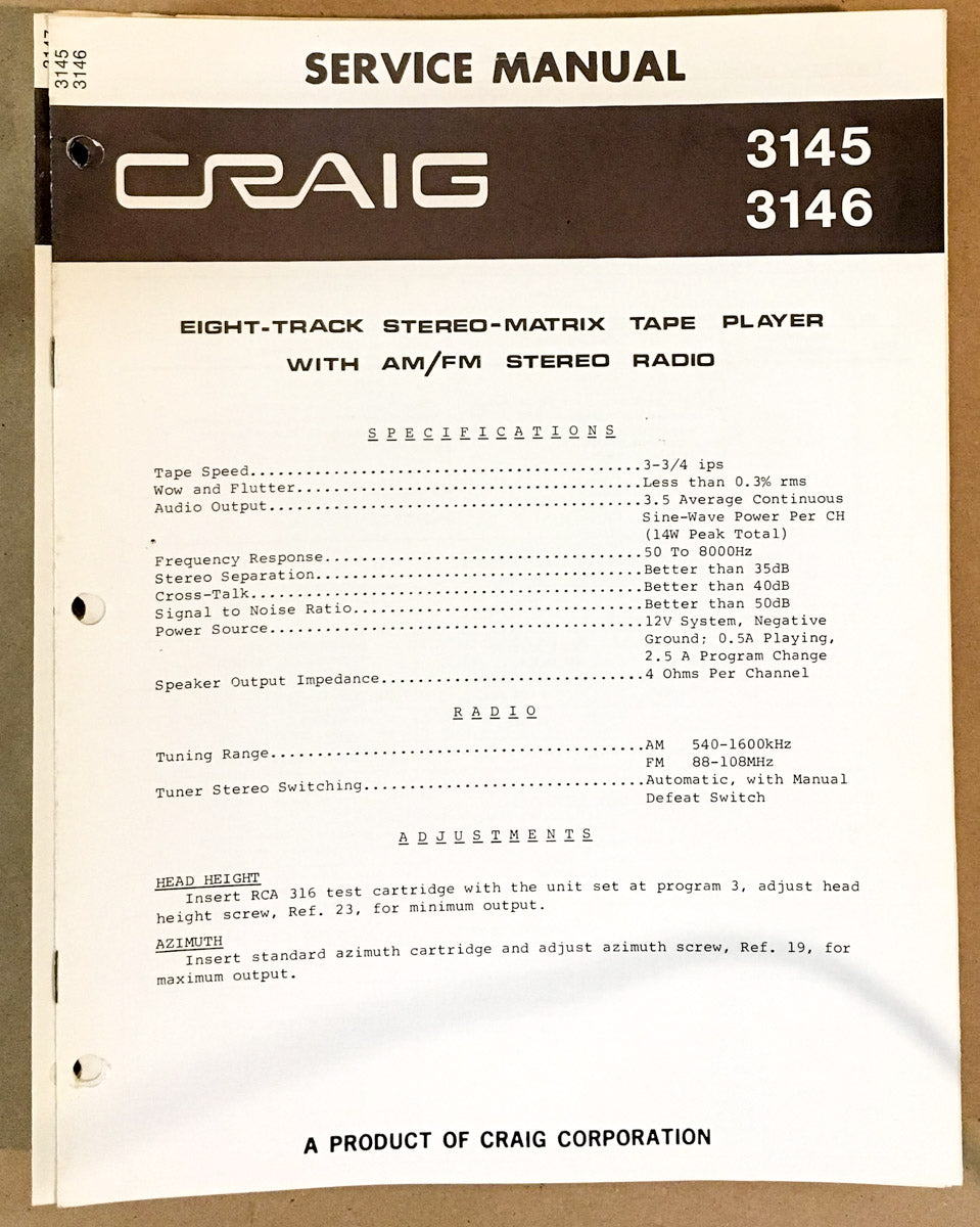 Craig Model 3145 3146 8 Track Stereo Service Manual *Original ...