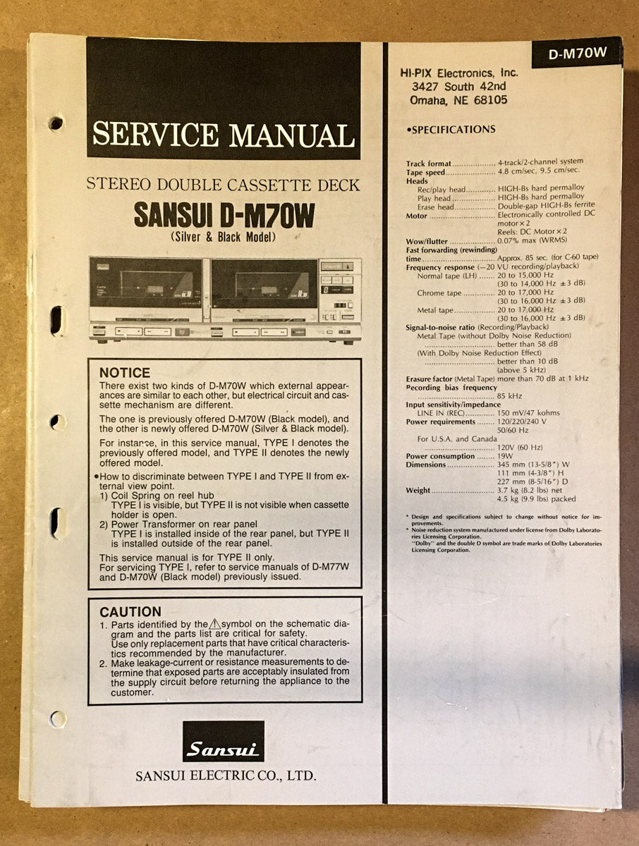 Sansui D-M70W Cassette / Tape Player Service Manual *Original ...