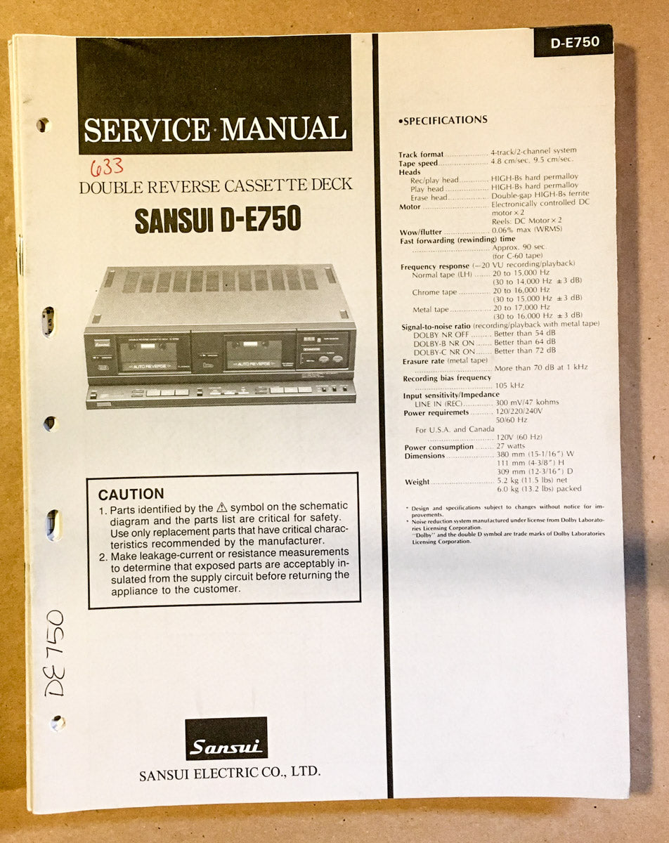 Sansui D-E750 Cassette / Tape Player Service Manual *Original* #1 ...