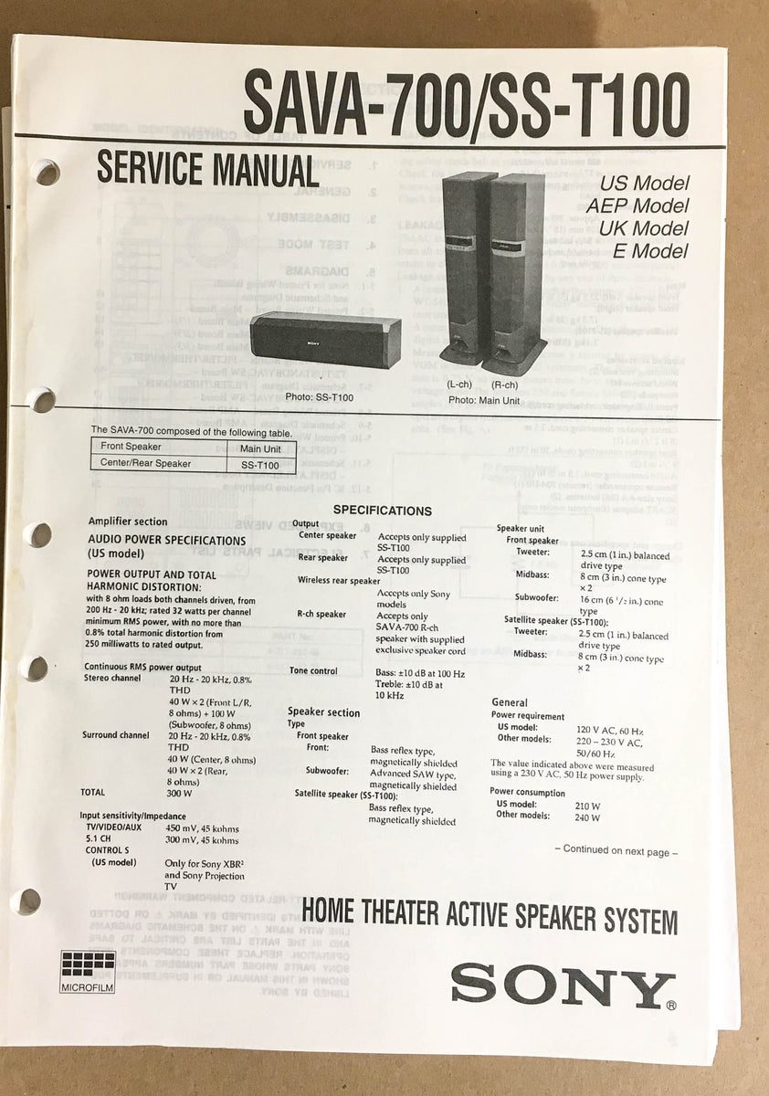 Sony SAVA-700 SS-T100 Speaker System Service Manual *Original ...