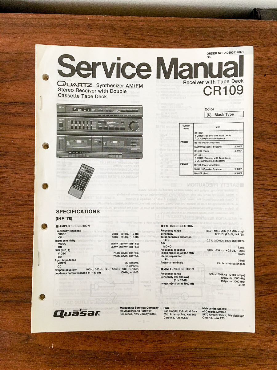 Quasar / Technics CR109 CR-109 Stereo Service Manual *Original ...