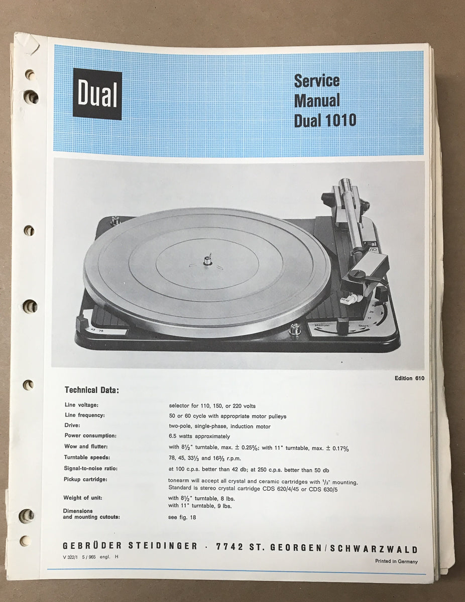 Dual Model 1010 Record Player / Turntable Service Manual *Original ...
