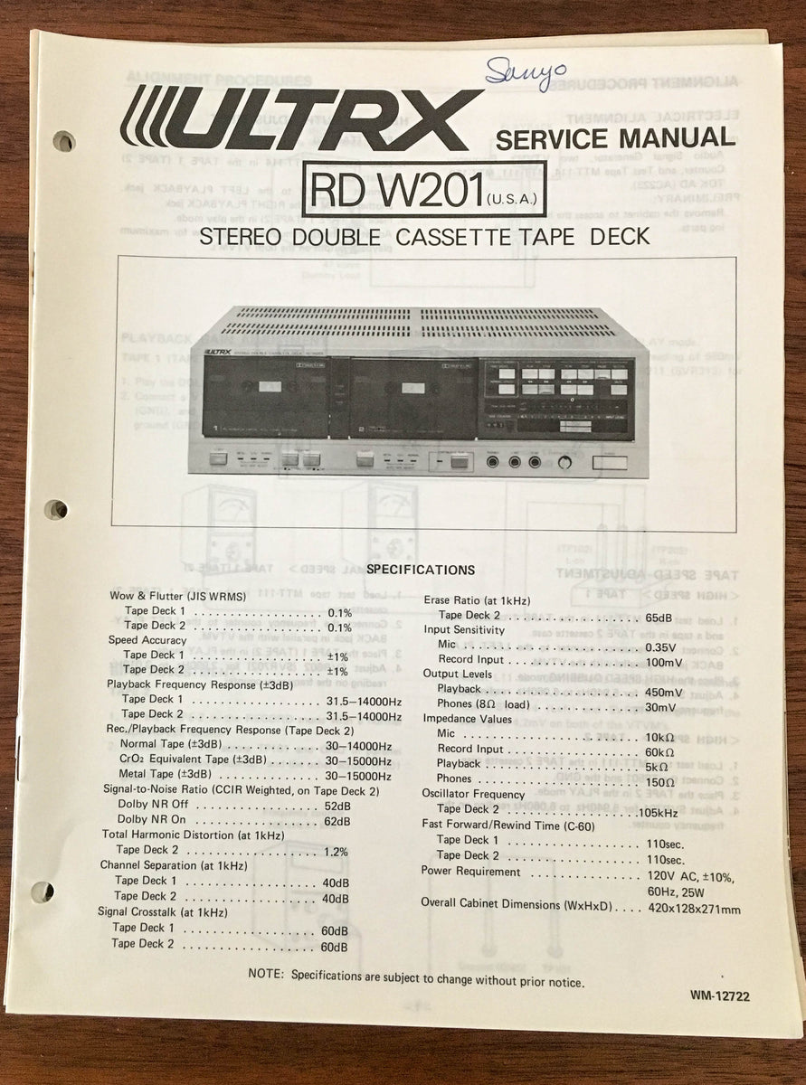 Sanyo / ULTRX RD W201 Cassette Deck Service Manual *Original* – Vintage ...
