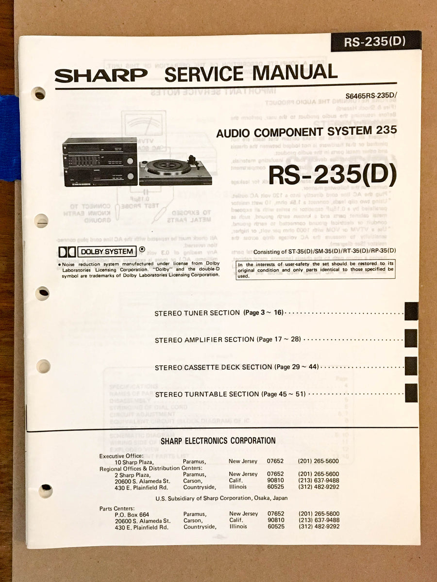 Sharp RS-235 RS-235D Audio Component Service Manual *Original ...