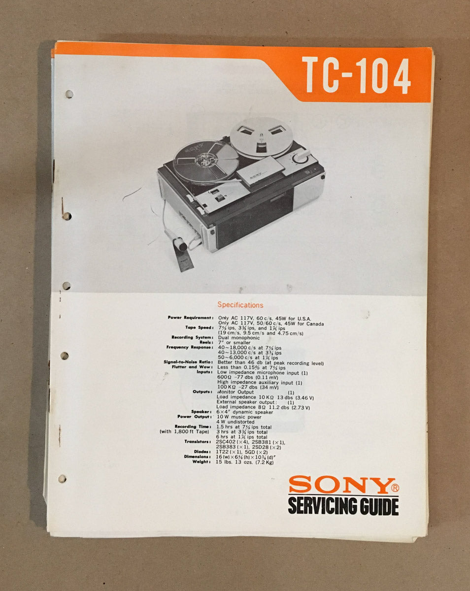Sony TC-104 Tape Recorder Service Manual *Original* – Vintage Audio ...
