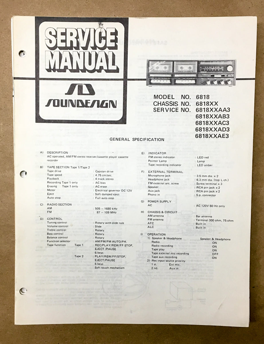 Soundesign Model 6818 Stereo Service Manual *Original* – Vintage Audio ...