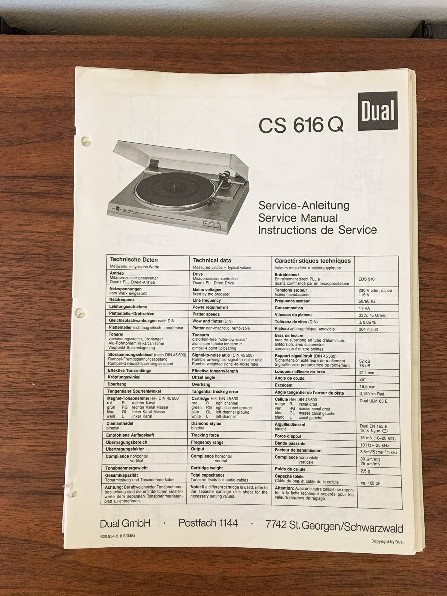Dual CS 616Q 616 Q Turntable / Record Player Service Manual *Original ...