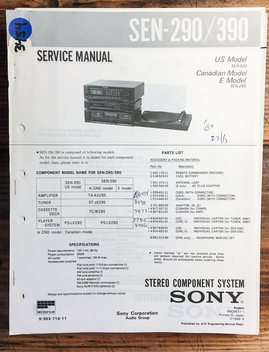 Sony SEN-290 SEN-390 Stereo Service Manual *Original* – Vintage Audio ...