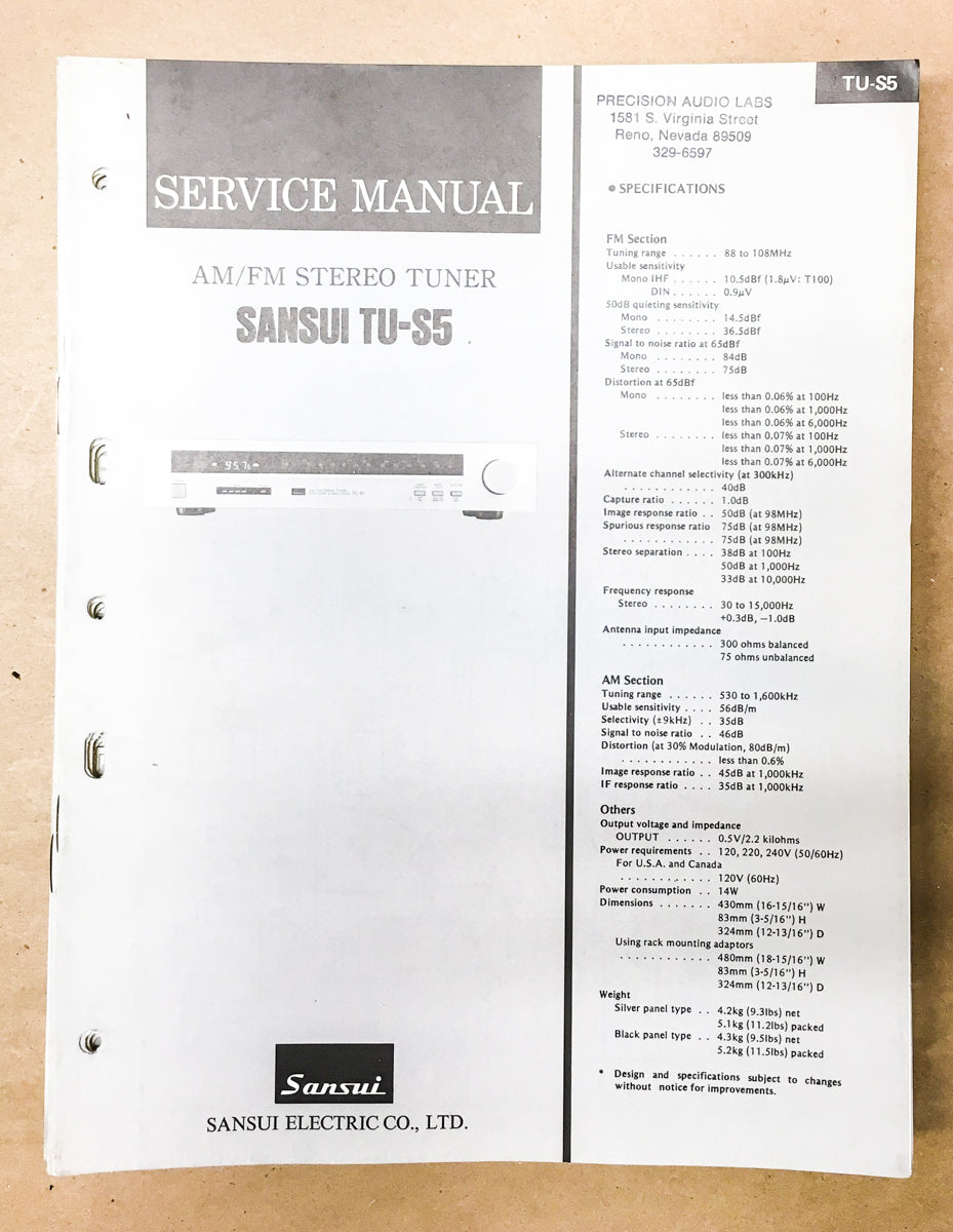 Sansui TU-S5 Tuner Service Manual *Original* – Vintage Audio Store ...