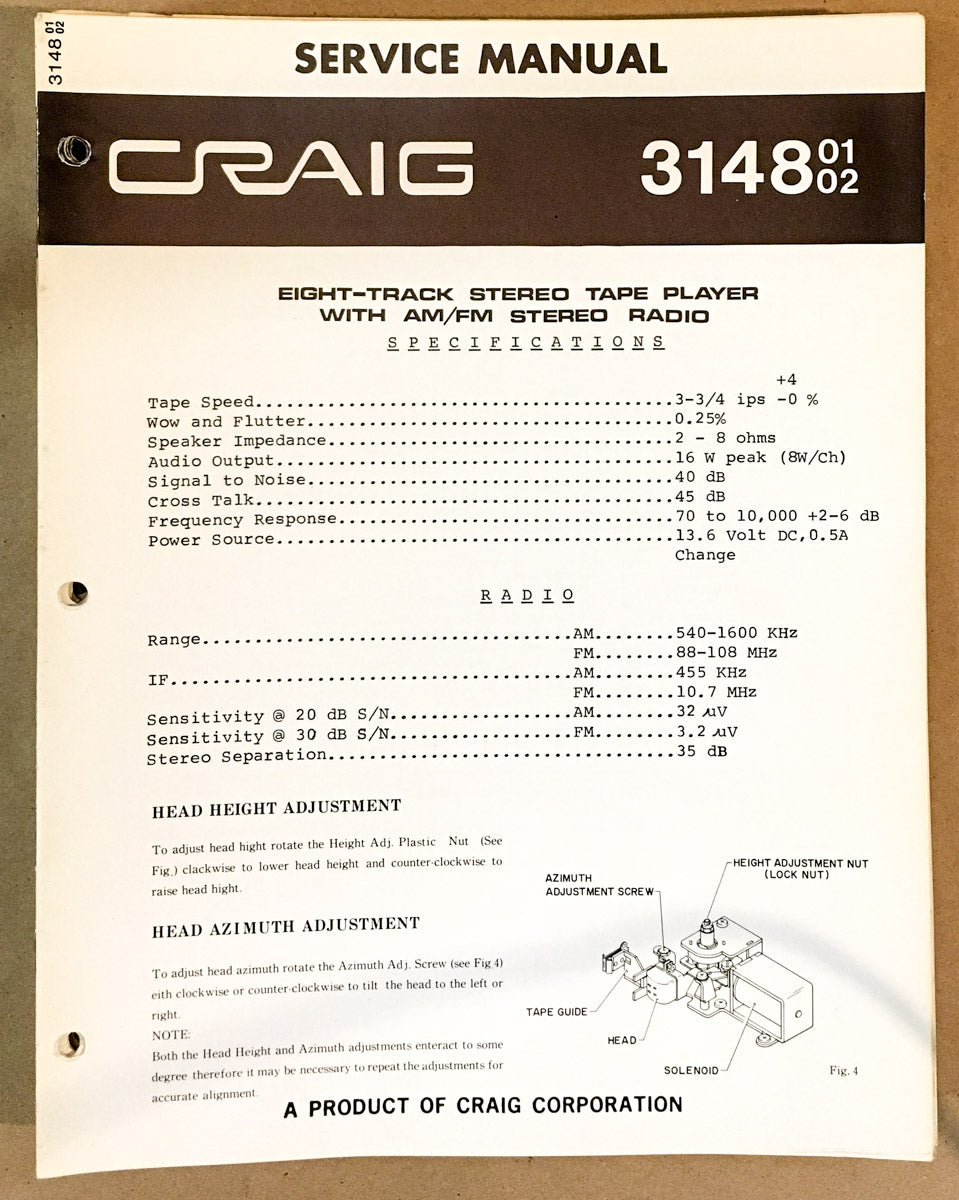 Craig Model 3148 8 Track Stereo Service Manual *Original* – Vintage ...
