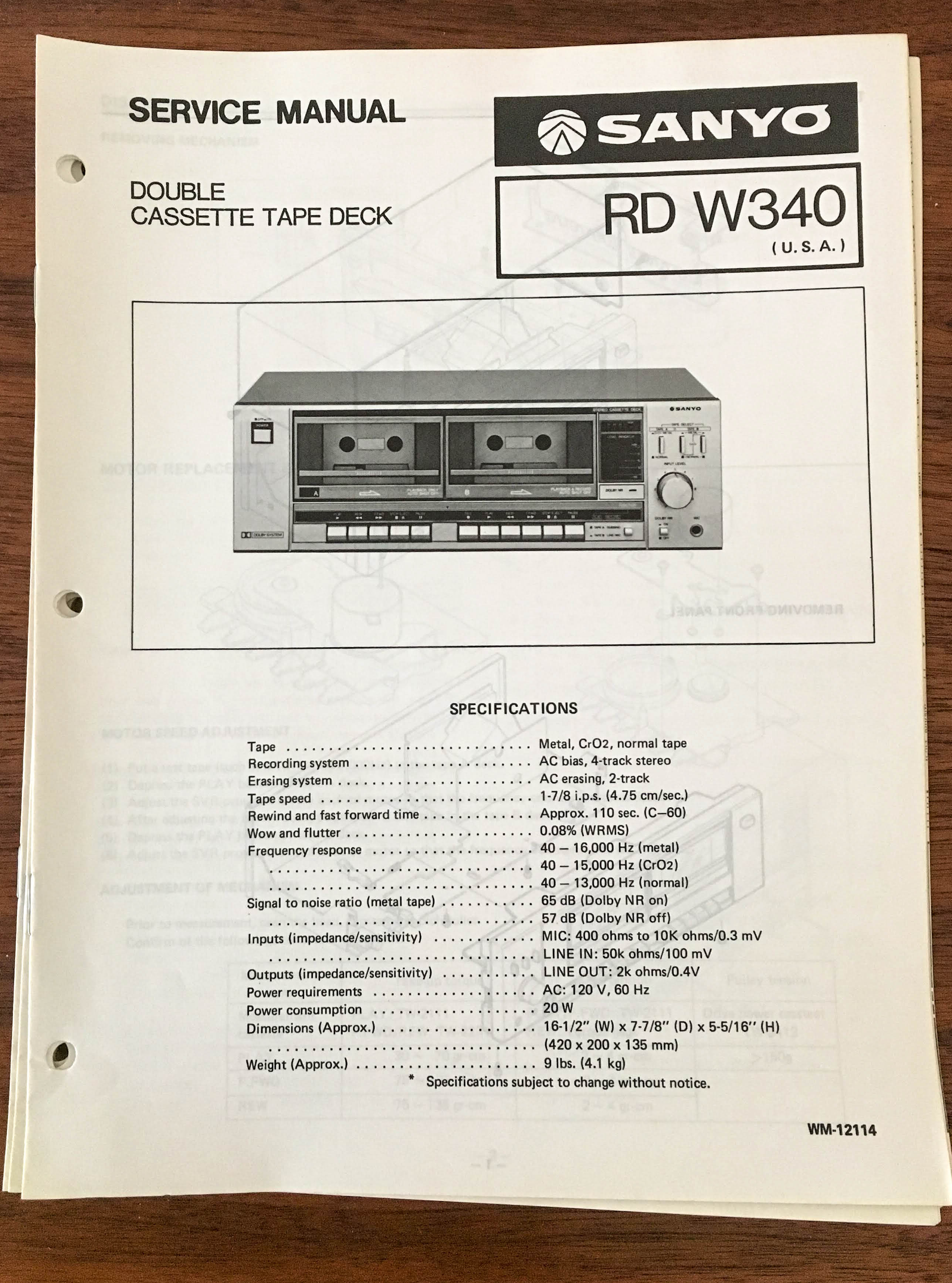 Sanyo RD W340 Cassette Deck Service Manual *Original* – Vintage Audio ...