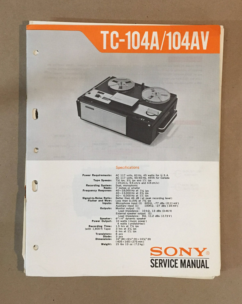 Sony TC-104A TC-104AV Tape Recorder Service Manual *Original* – Vintage ...