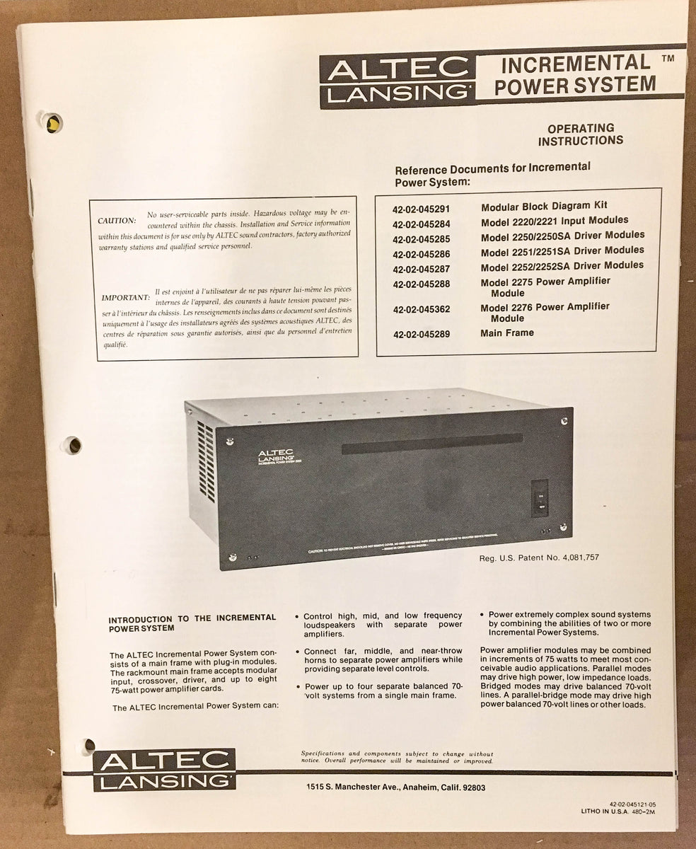 Altec Mod. 2220 2250 2275 Incremental Power System Owners Manual *Orig ...
