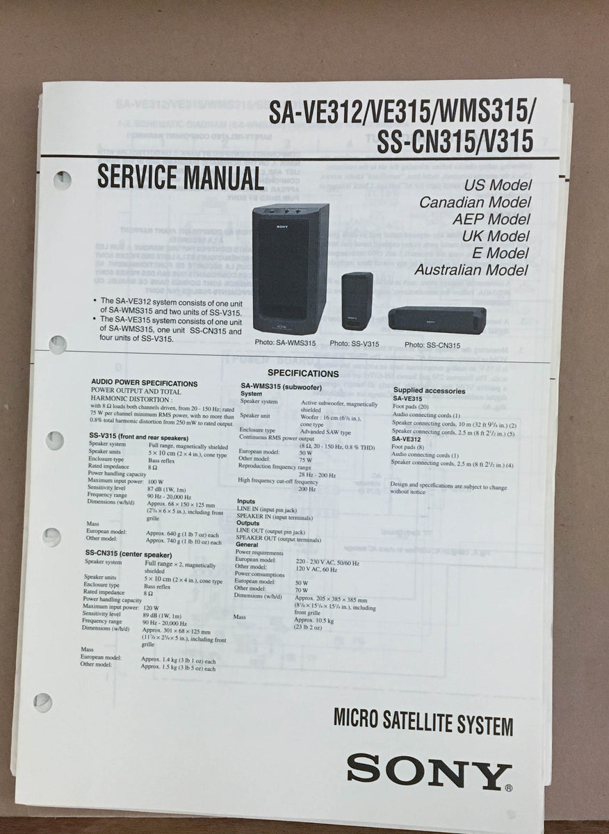 Sony SA-VE312 VE315 WMS315 Service Manual *Original* – Vintage Audio ...