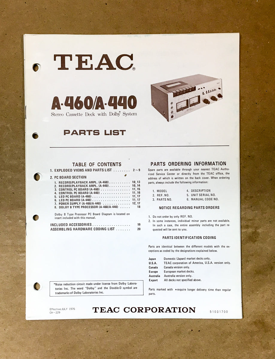 TEAC A-460 A-440 Cassette Deck Parts List Manual *Original* – Vintage ...