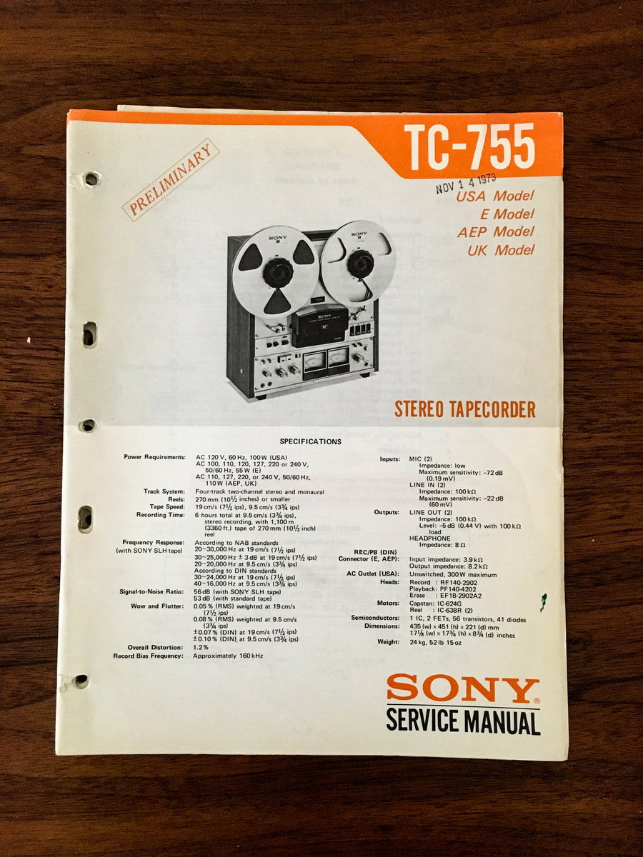 Sony TC-755 Reel to Reel Preliminary Service Manual *Original* – Vintage Audio Store - Vintage ...