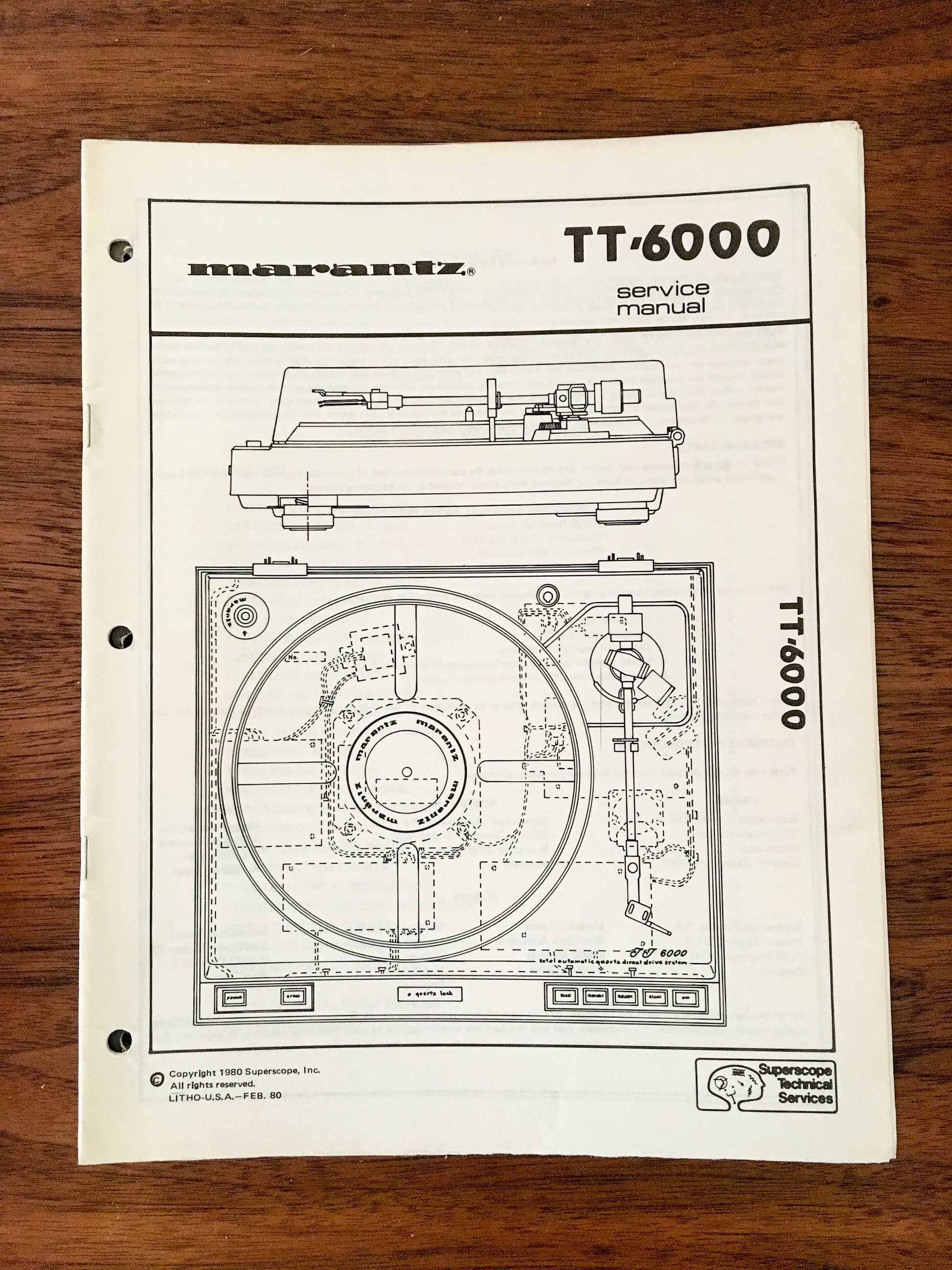 Marantz TT-6000 TT6000 Record Player / Turntable Service Manual *Origi ...