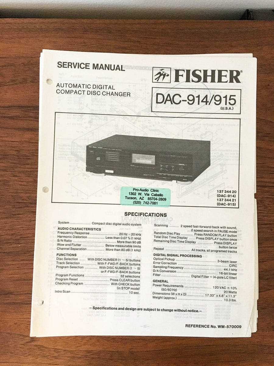 Fisher DAC-914 DAC-915 CD Player Service Manual *Original* – Vintage ...