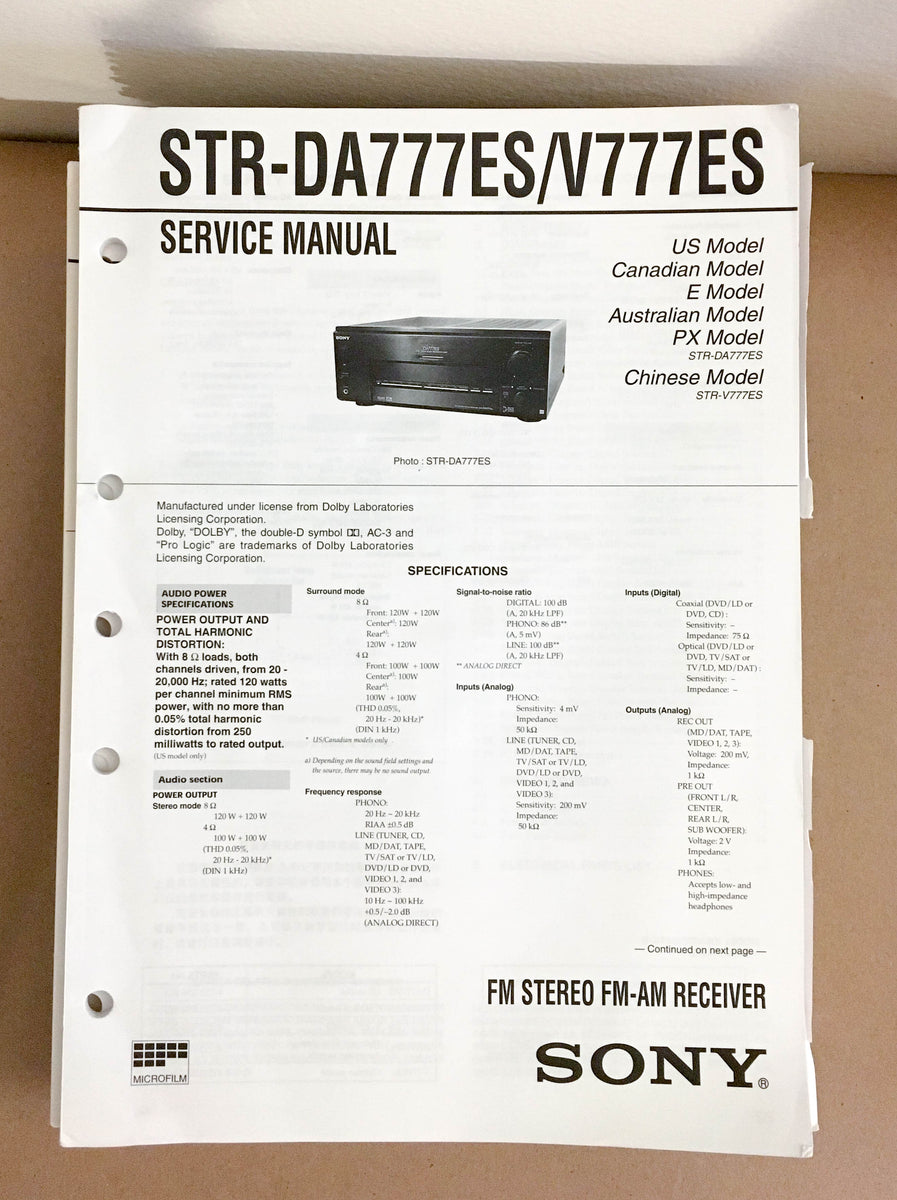 Sony STR-DA777ES V777ES Receiver Service Manual *Original* – Vintage ...