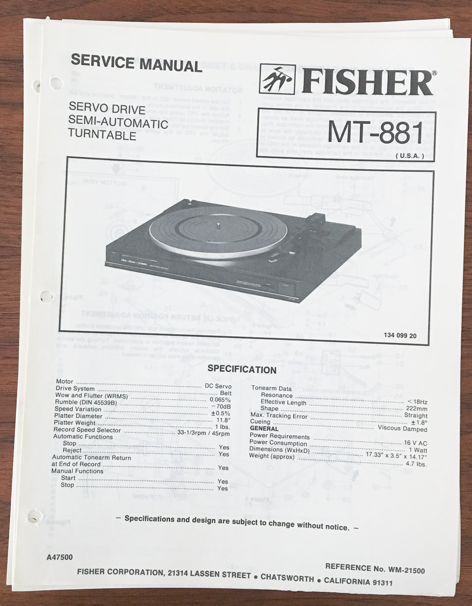 Fisher MT-881 Record Player / Turntable Service Manual *Original ...