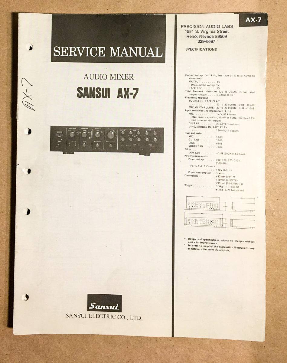 Sansui AX-7 Audio Mixer Service Manual *Original* – Vintage Audio Store ...
