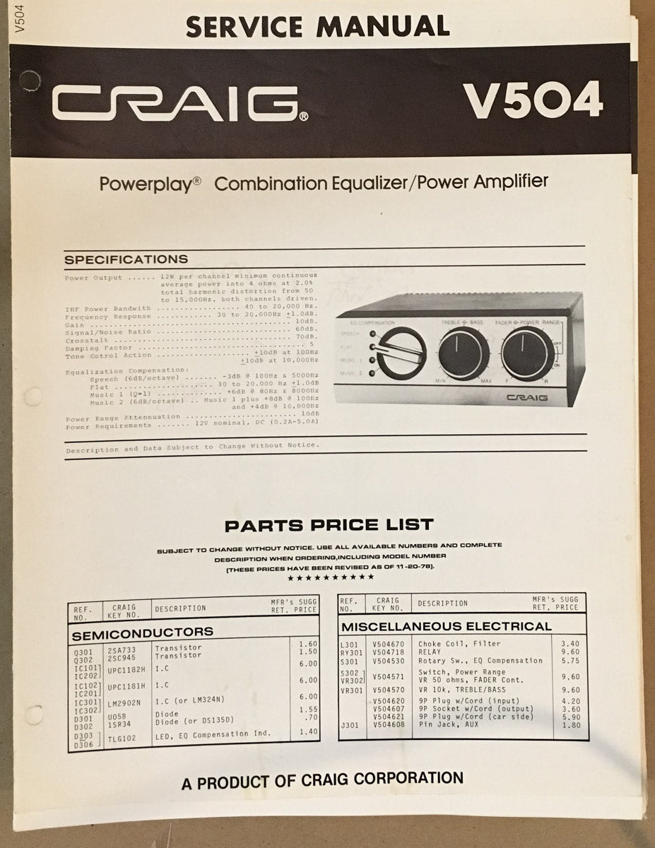 Craig Model V504 Amplifier Service Manual *Original* – Vintage Audio ...