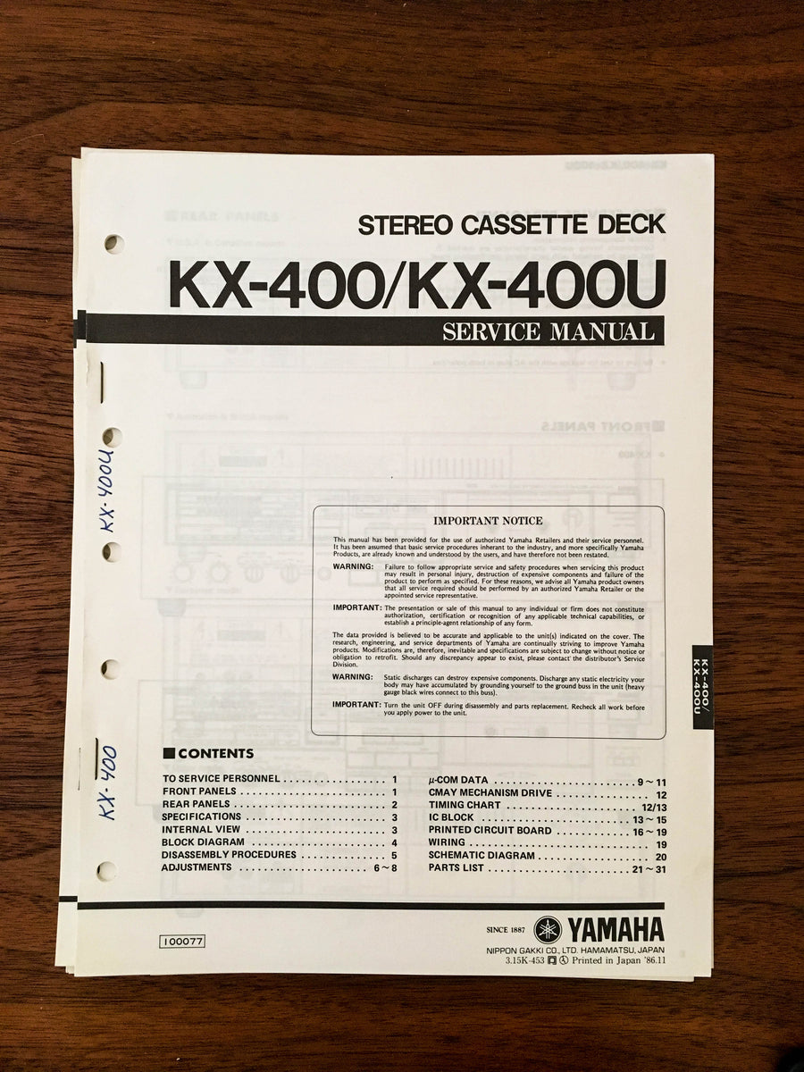 Yamaha KX-400 KX-400U Cassette Tape Player Service Manual *Original ...