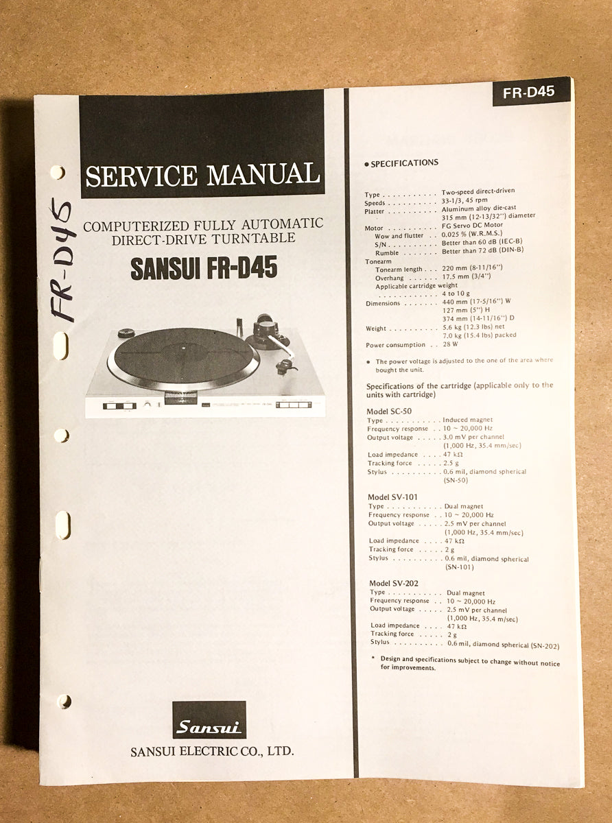 Sansui FR-D45 Turntable / Record Player Service Manual *Original ...