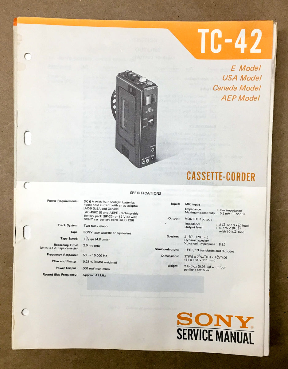 Sony TC-42 Cassette Tape Player Service Manual *Original* – Vintage ...