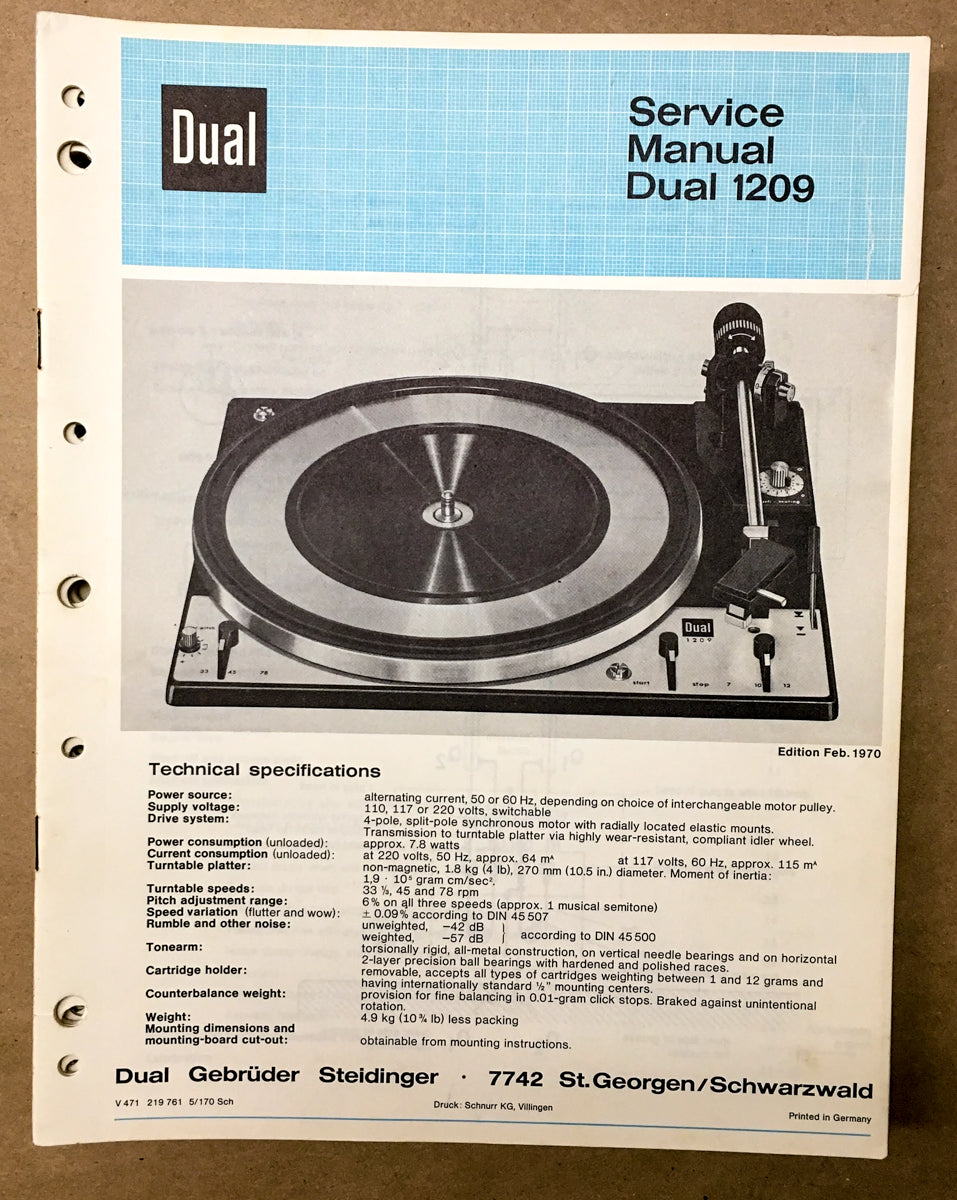Dual Model 1209 Turntable / Record Player Service Manual *Original ...