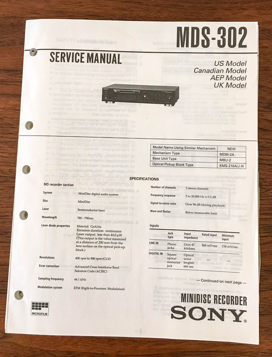Sony MDS-302 Mini Disc Recorder Service Manual *Original* – Vintage Audio Store - Vintage ...