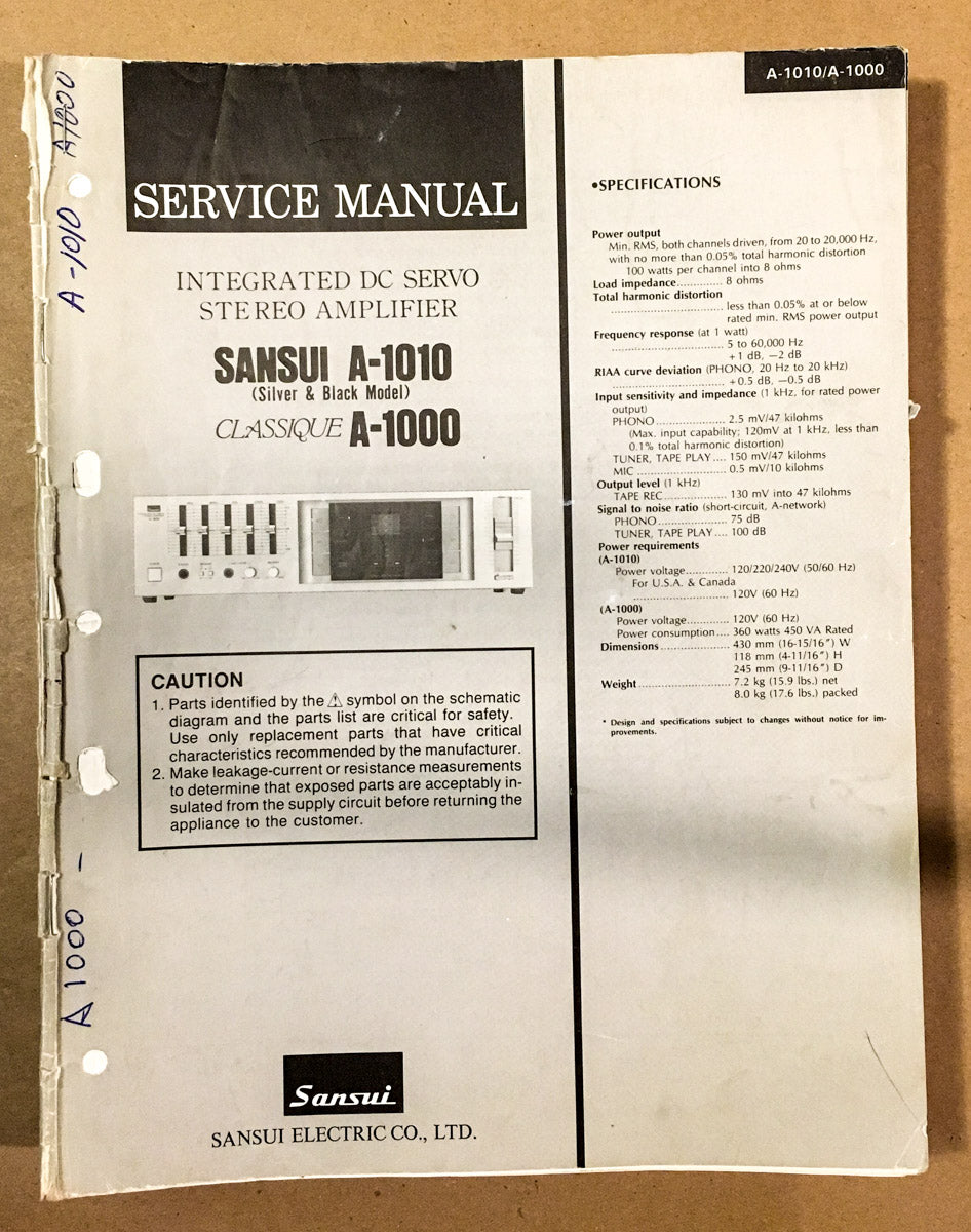 Sansui A-1010 A-1000 Amplifier Service Manual *Original* – Vintage ...