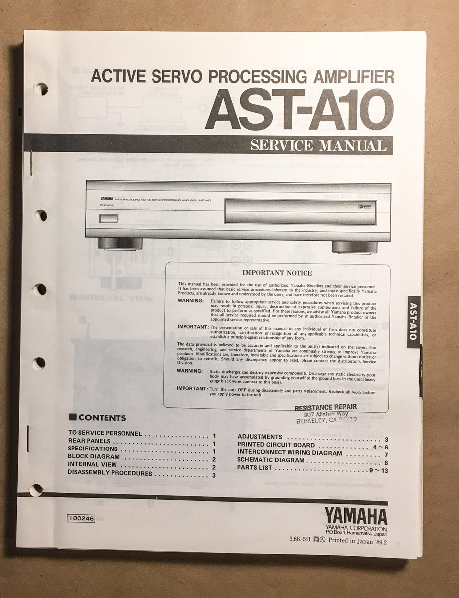 Yamaha AST-A10 Speaker Service Manual *Original* – Vintage Audio Store - Vintage Service Manuals ...
