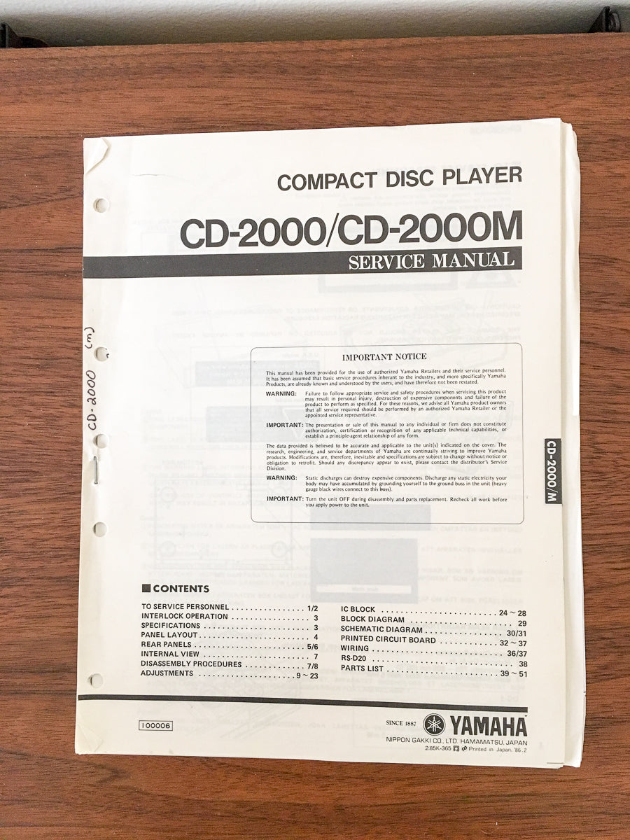 Yamaha CDC-2000 CD-2000M CD Player Service Manual *Original* – Vintage ...