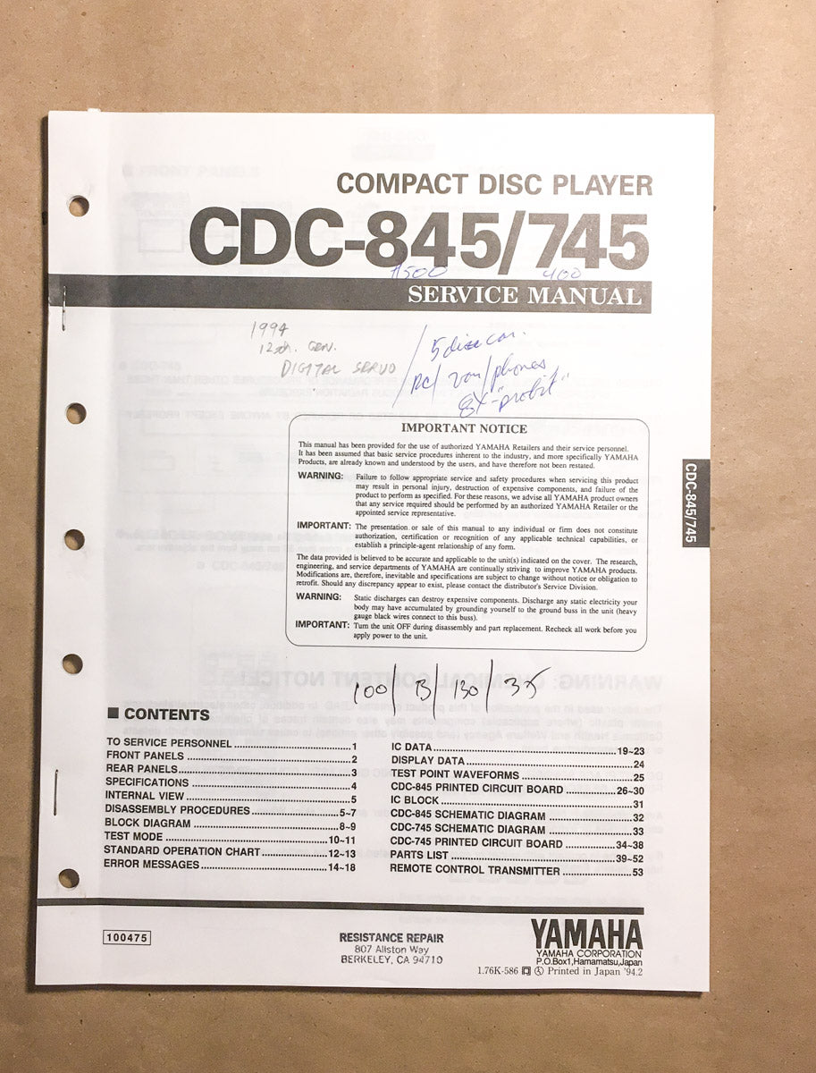 Yamaha CDC-845 CDC-745 CD Player Service Manual *Original* – Vintage ...