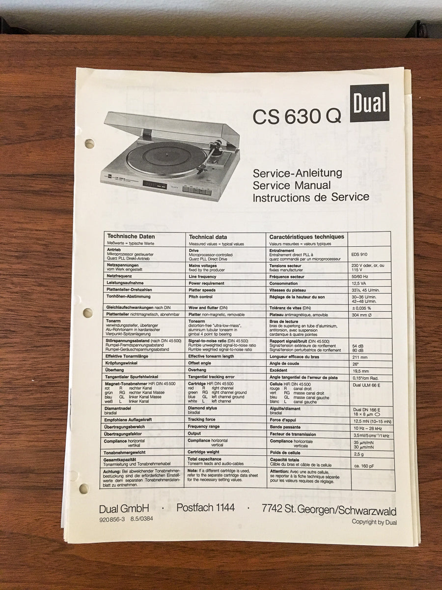 Dual CS 630Q 630 Q Turntable / Record Player Service Manual *Original ...