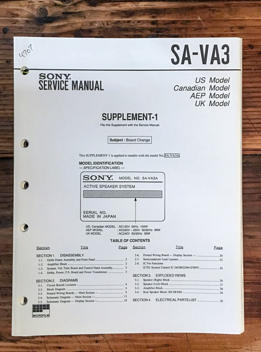 Sony SA-VA3 Speaker Service Manual Supplement *Original* – Vintage ...